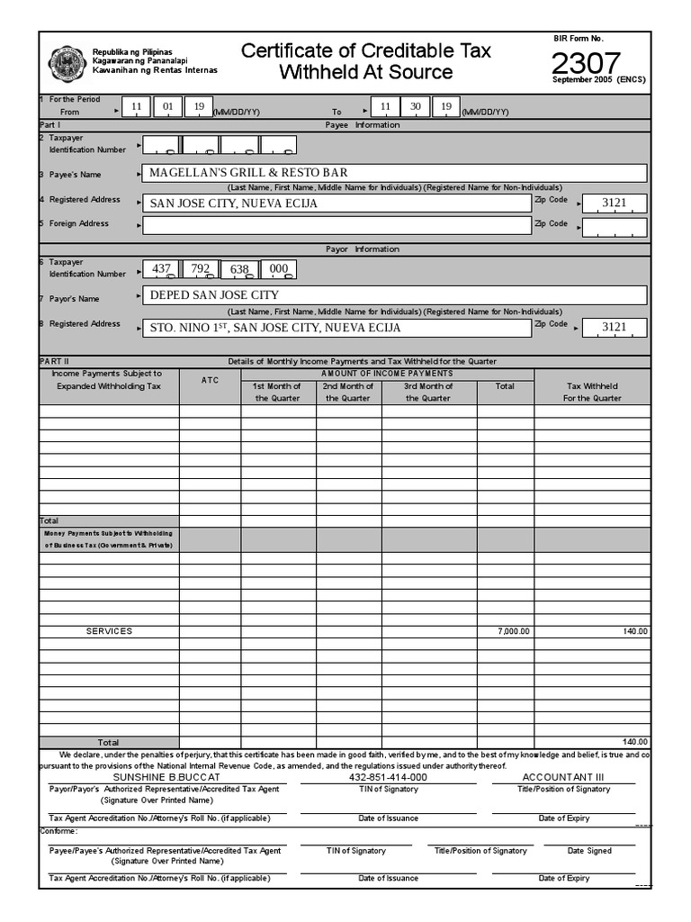 Bir 2307 Form | PDF | Payments | Taxpayer Bir 2307 Form | PDF | Payments | Taxpayer
