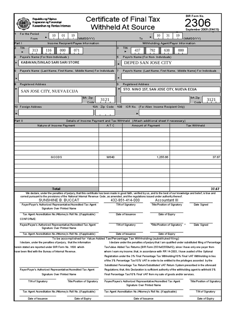 Bir 2306 Form | PDF | Value Added Tax | Taxes