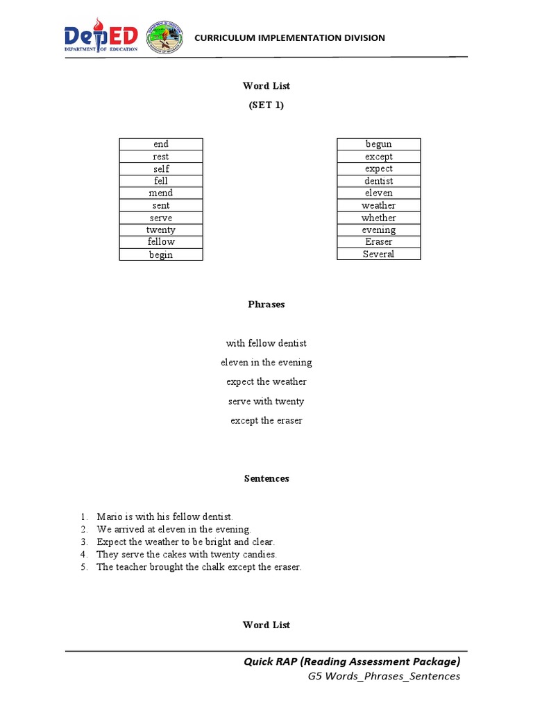 G5 Reading Assessment Word Lists | PDF