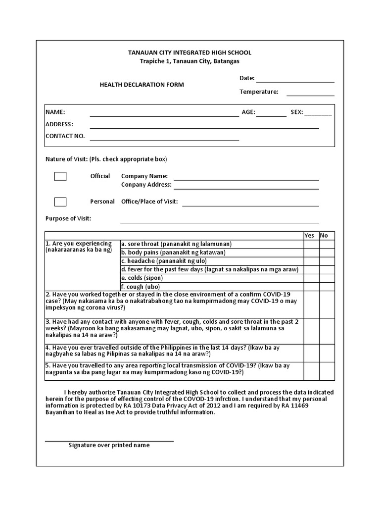 Health Declaration Form | PDF | Common Cold | Respiratory Diseases