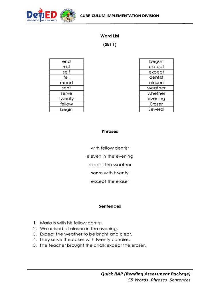 Curriculum Implementation Division: Quick RAP (Reading Assessment ...