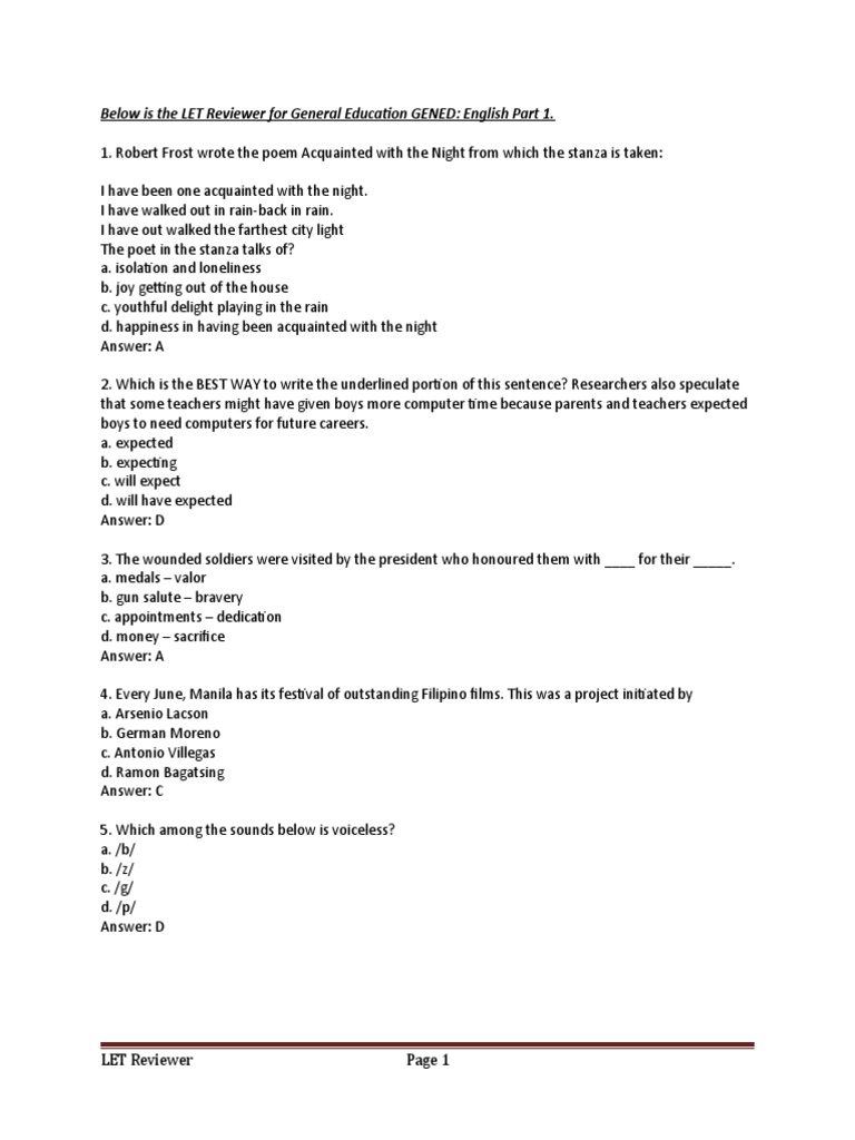 Below Is The LET Reviewer For General Education GENED: English Part 1 ...