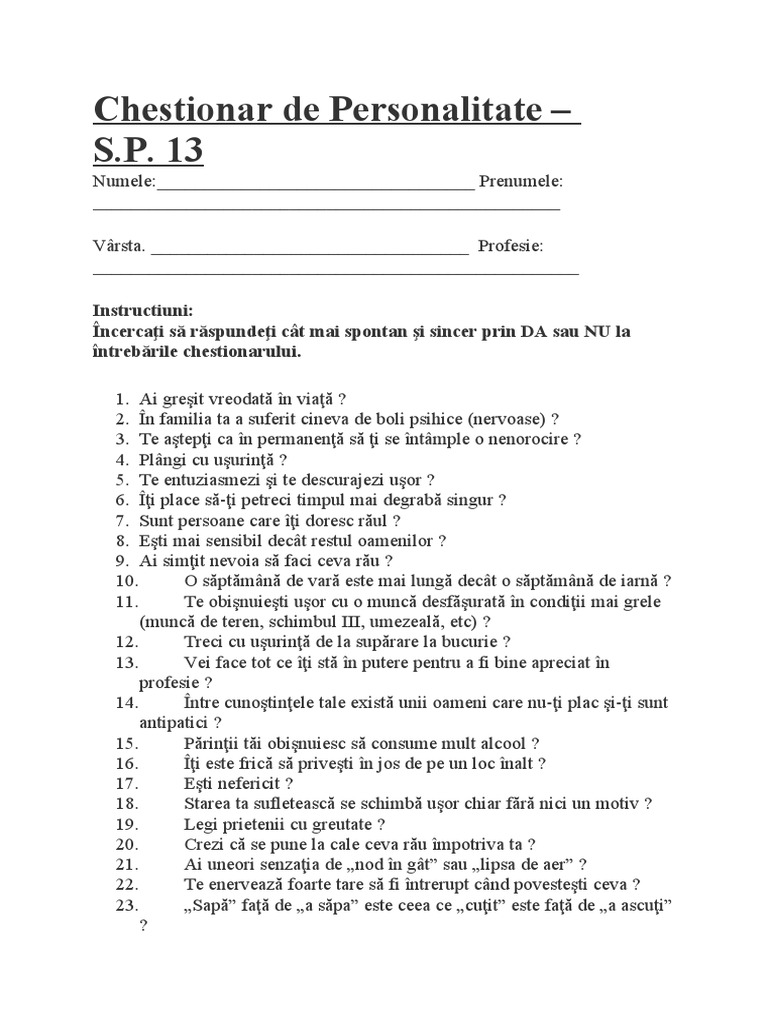 Chestionar de Personalitate SP 13 | PDF
