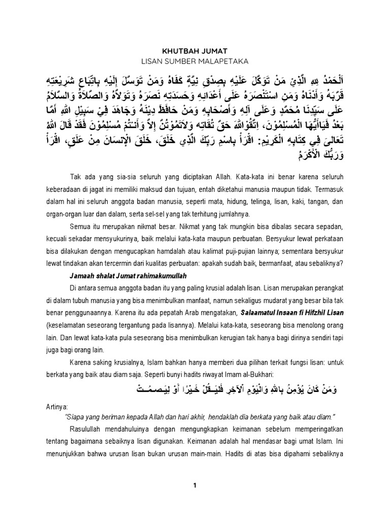 Khutbah Jumat (Lisan Sumber Malapetaka) | PDF