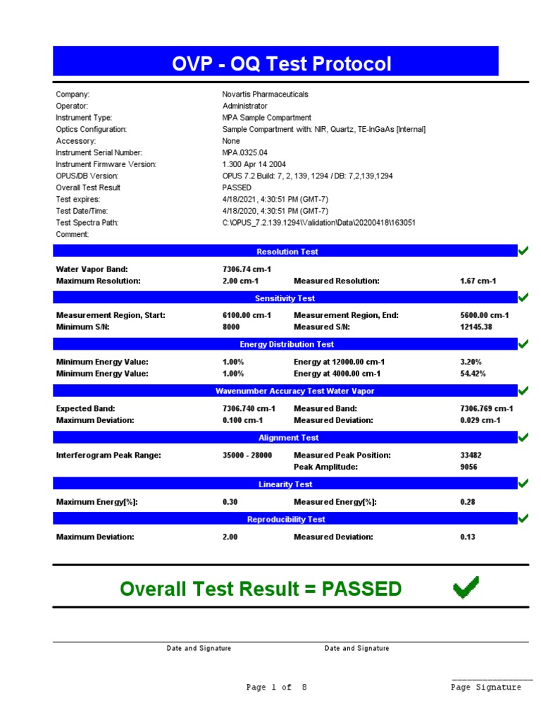 OVP - OQ Test Protocol: Overall Test Result PASSED | PDF | Science ...
