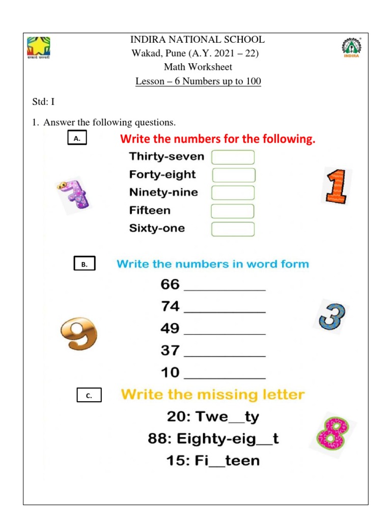 STD 1 Math Ls. 6 Numbers Up To 100 WS 2 | PDF | Teaching Methods ...