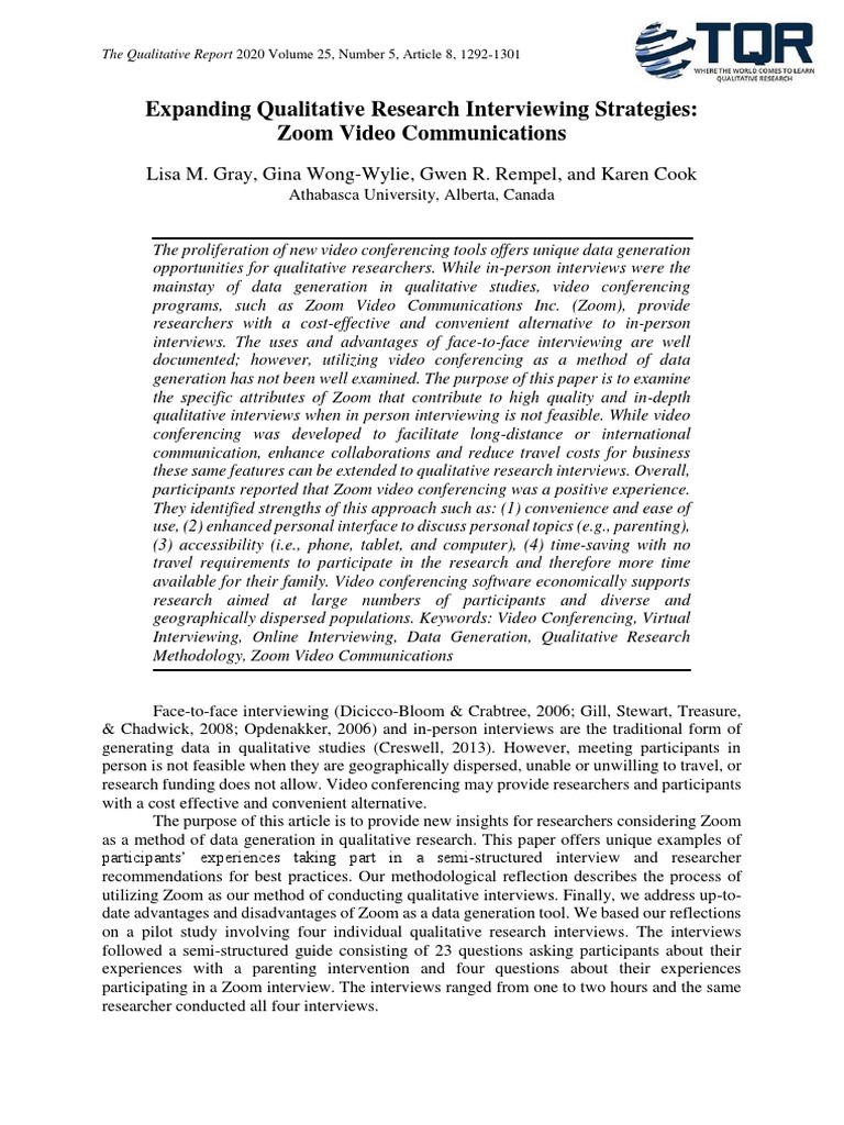Gray 2020 Expanding Qualitative Research Interviewing Strategies Zoom ...