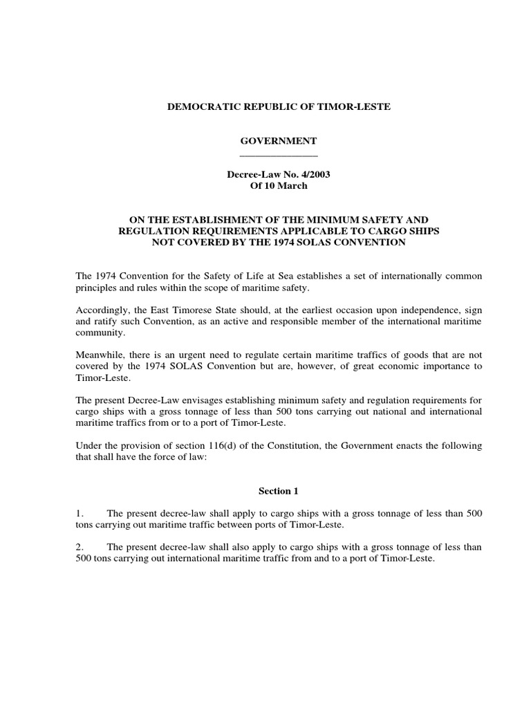 Timor Leste Decree Law No.4-2003 (SOLAS) | PDF | East Timor | Tonnage