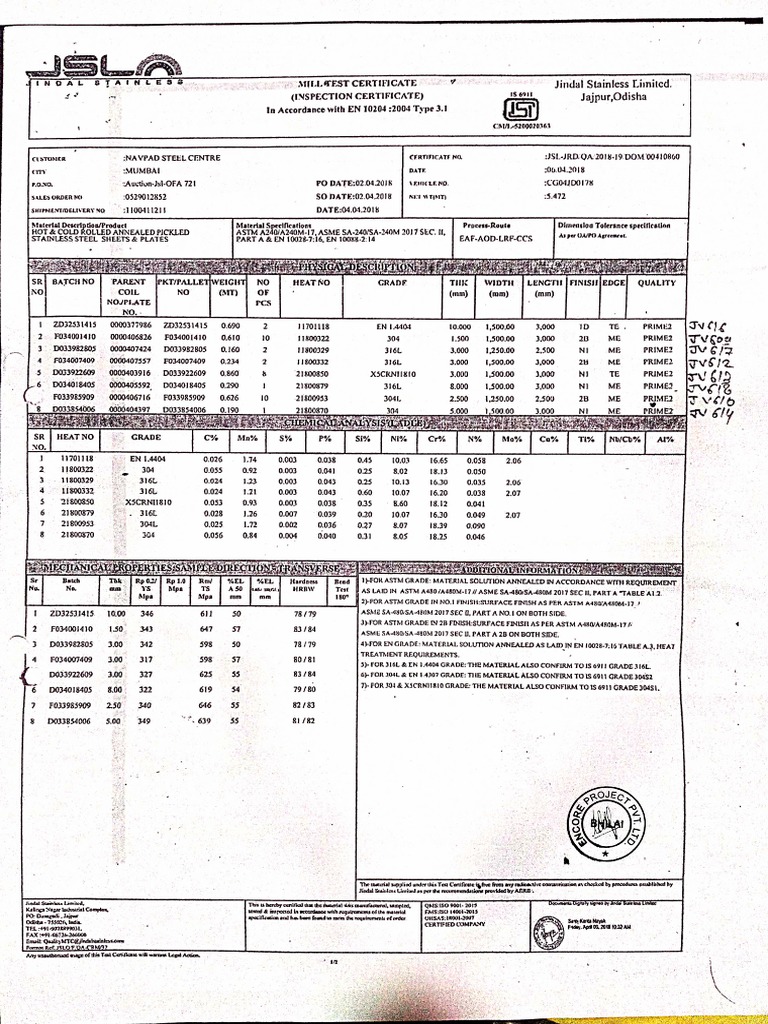 Mill TC SS304 | PDF