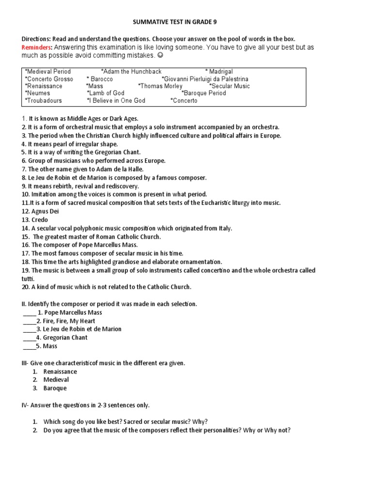 Grade 9 Music Summative Test Guide | PDF | Art | Poetry