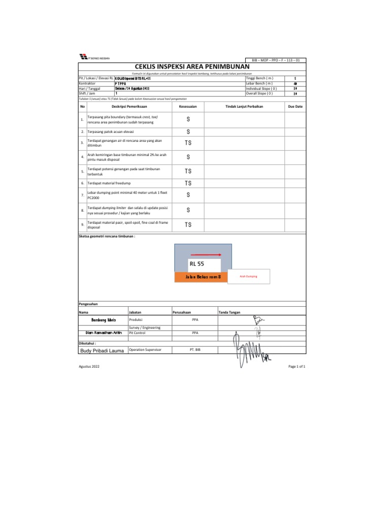 Checklist Disposal Pit KGU 30 Agustus 2022 Shift 1 | PDF