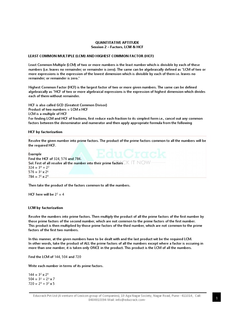 Factors, LCM and HCF | PDF | Discrete Mathematics | Algebra