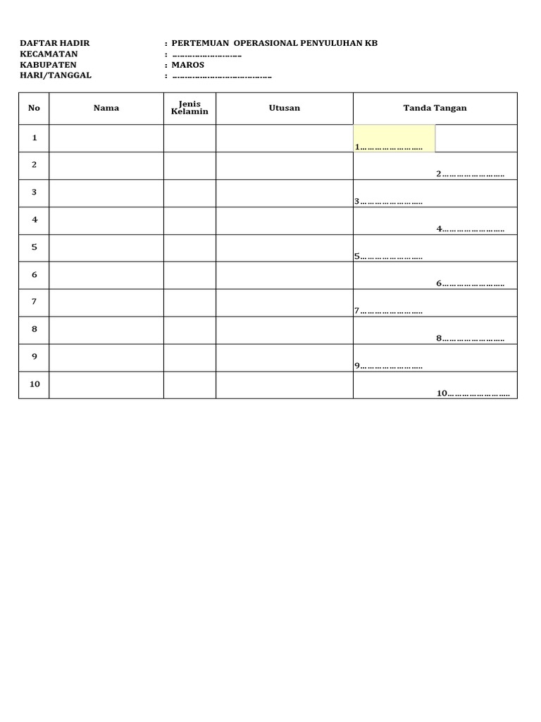 Daftar Hadir Kegiatan Penyuluhan KB 2022 | PDF