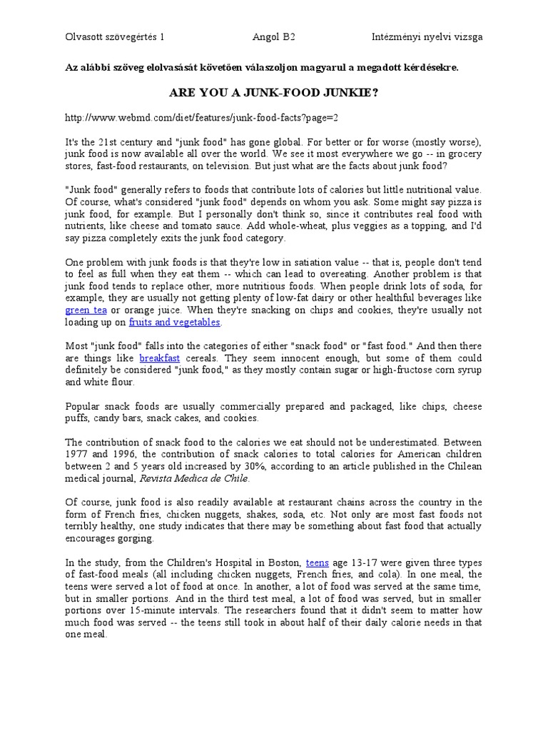 INYV Olvasott Szovegertes 1 Angol B2 | PDF | Junk Food | Foods