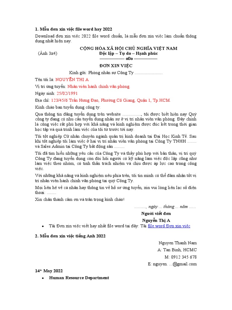 Mau Don Xin Viec | PDF