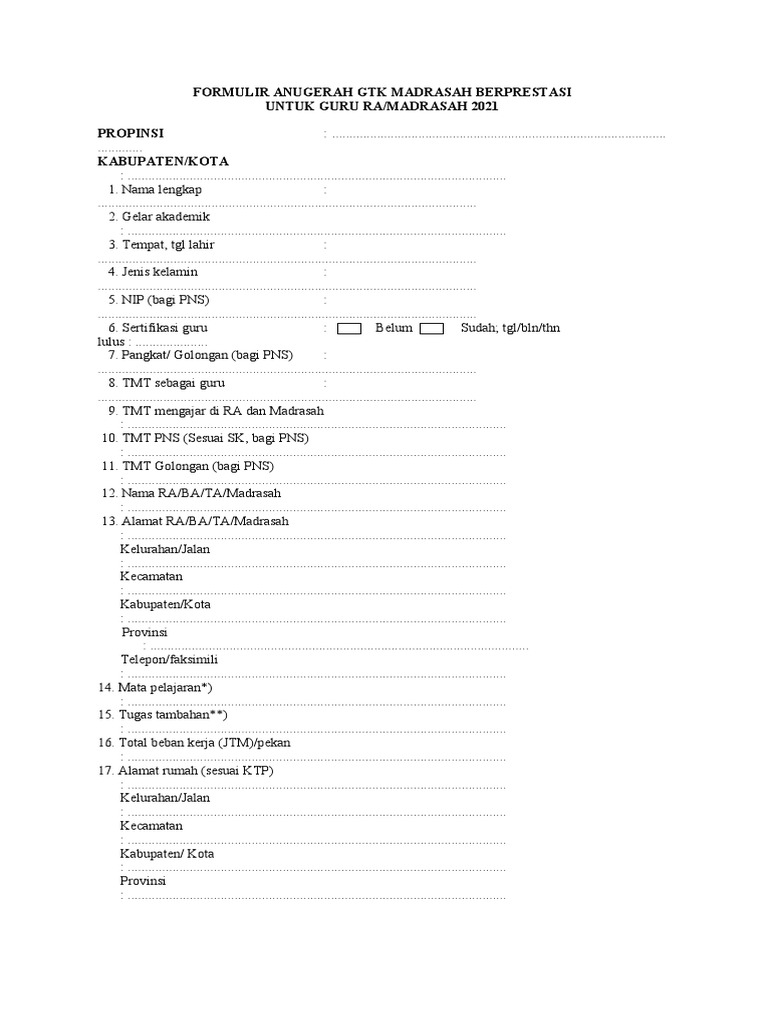 Form. Anugerah GTK Berprestasi - RA | PDF
