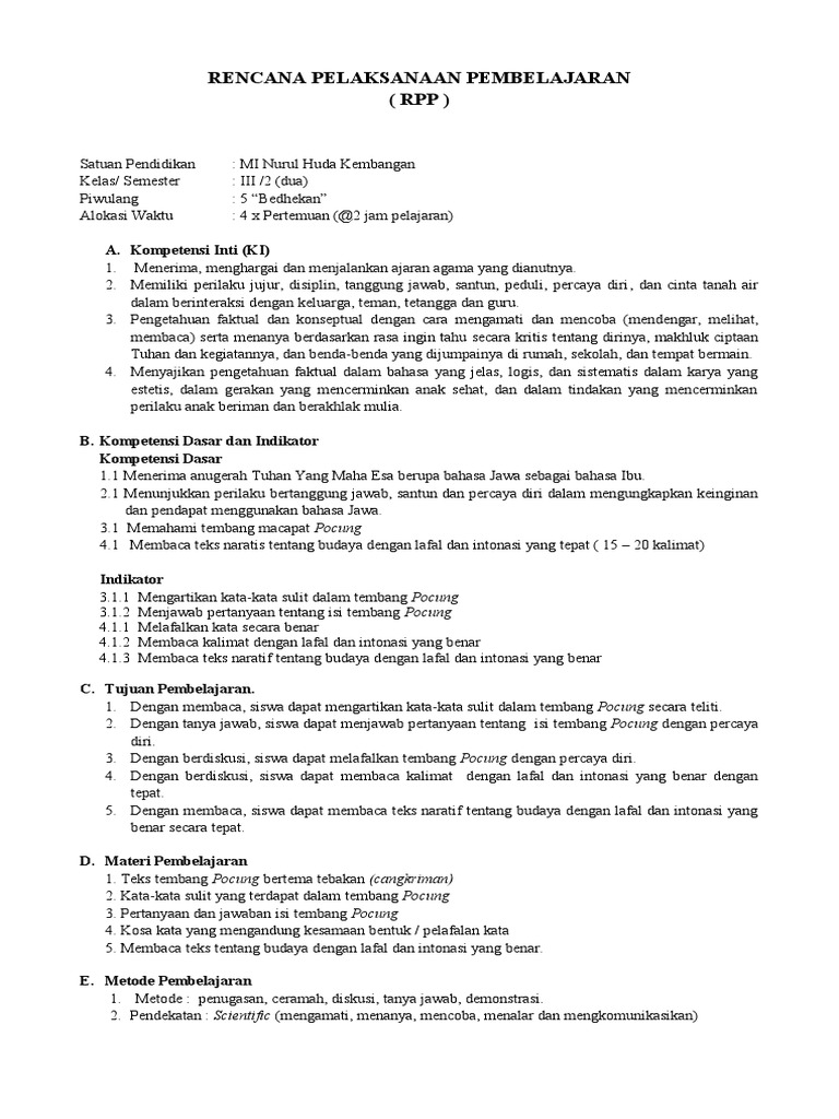 RPP Bahasa Jawa K 13 Kelas 3 Semester 2 | PDF | Karier & Perkembangan | Seni & Disiplin Bahasa