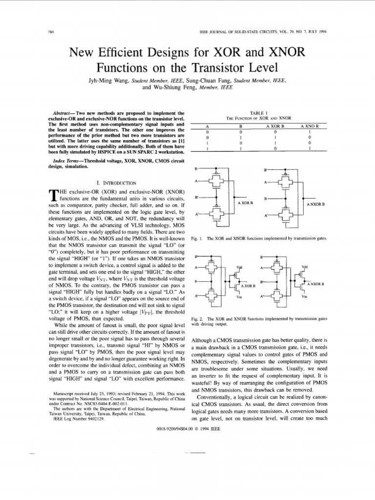 New Efficient Designs For XOR and XNOR Functions On The Transistor Level | PDF | Logic Gate | Mosfet