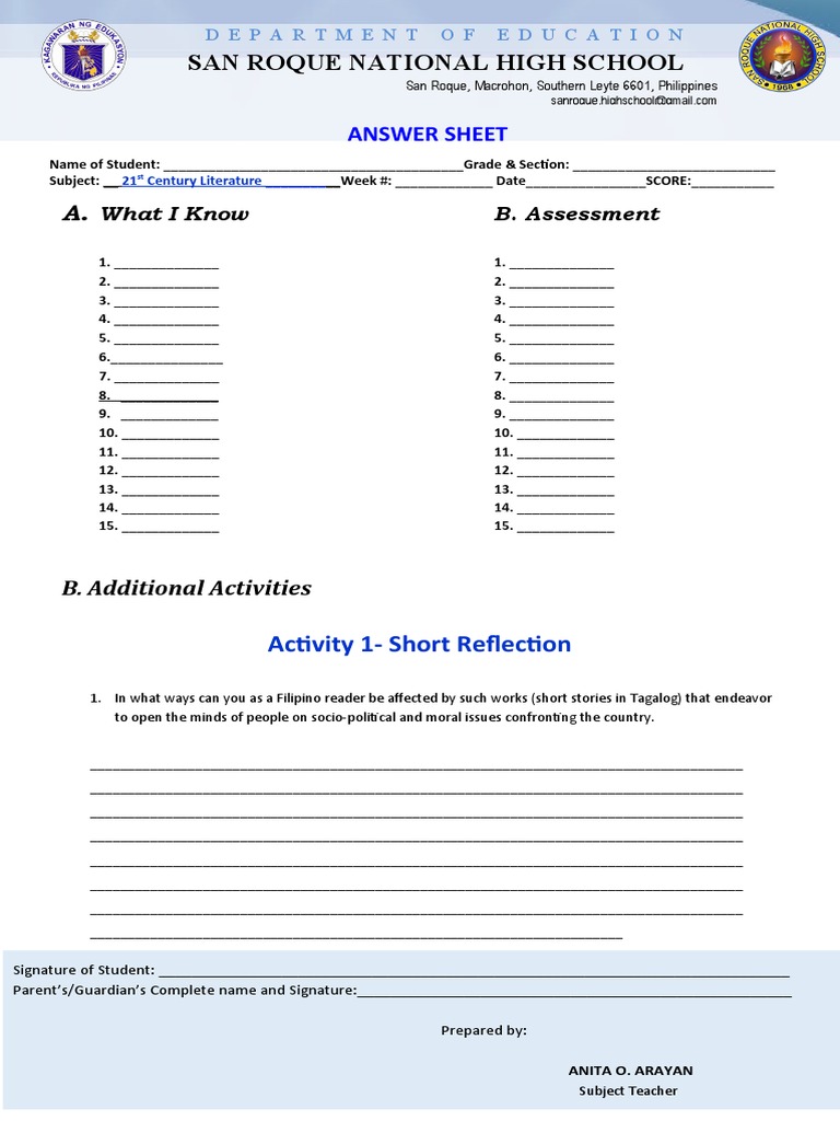 Short Answer Assessment for Literature | PDF | Writing