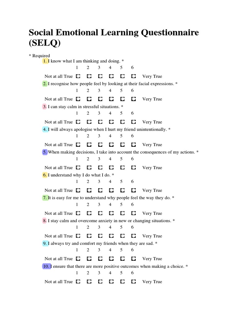 Social Emotional Learning Questionnaire | PDF | Feeling | Cognitive ...