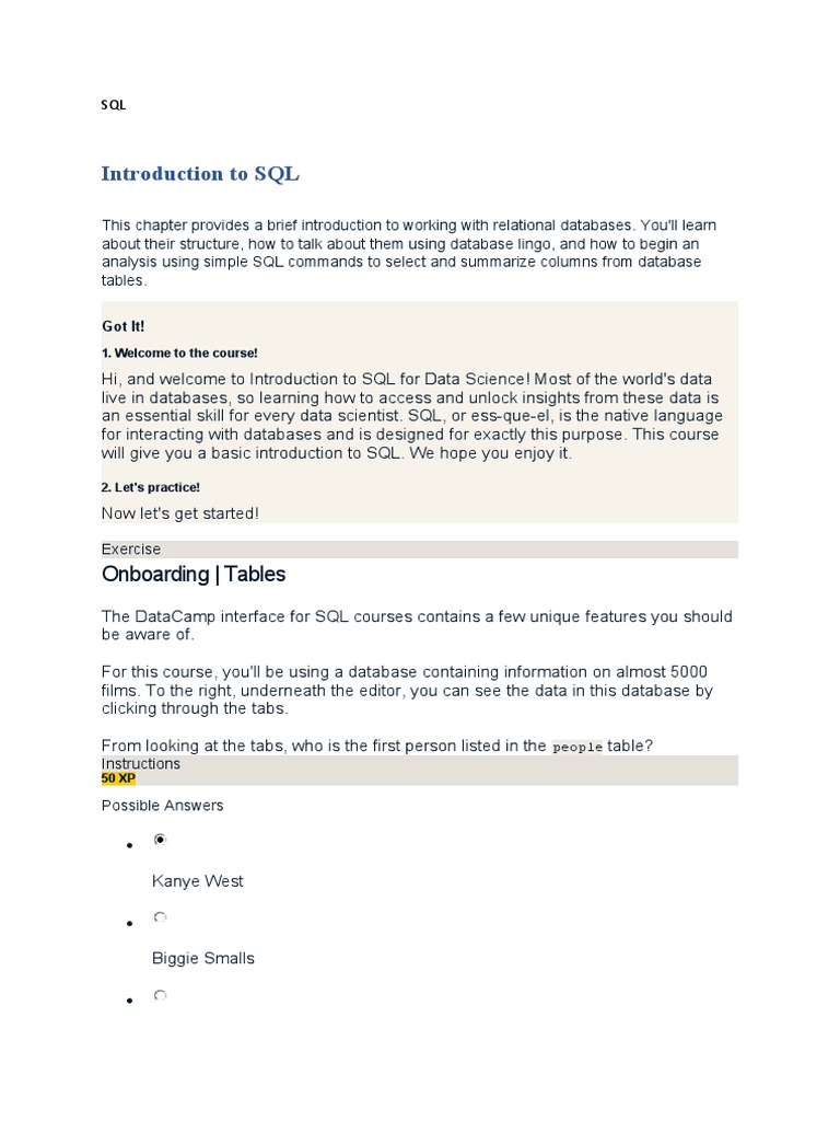 Introduction To SQL: Onboarding - Tables | PDF | Table (Database) | Relational Model
