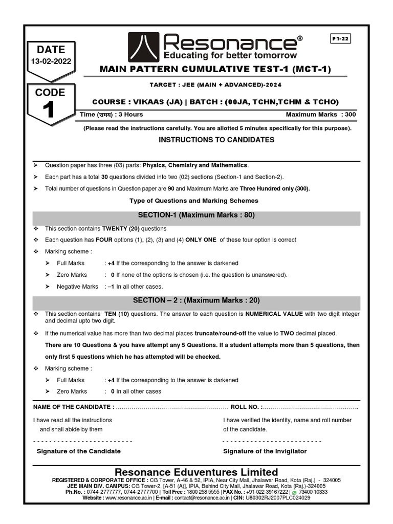 Main Pattern Cumulative Test-1 (Mct-1) : Time : 3 Hours Maximum Marks ...