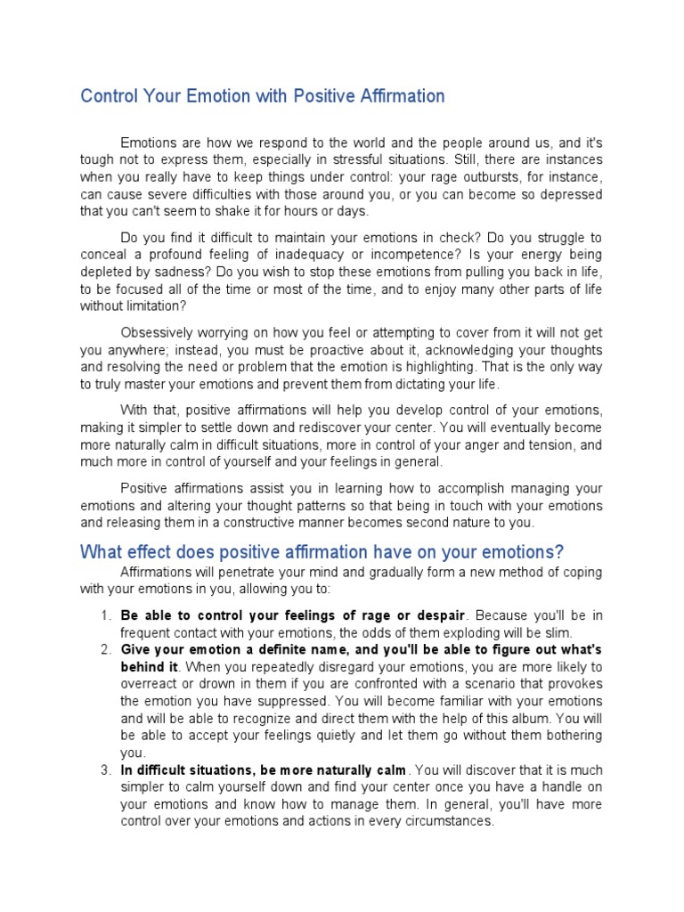 Control Emotions with Positive Affirmations | PDF | Emotions | Feeling