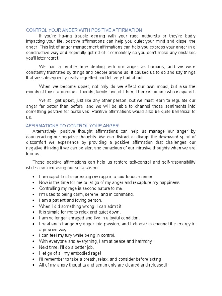 Affirmations for Anger Control | PDF | Anger | Thought