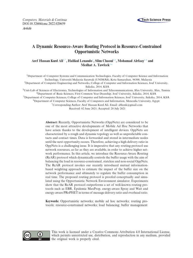 A Dynamic Resource Aware Routing Protocol In Opportunistic Networks Pdf Routing Computer