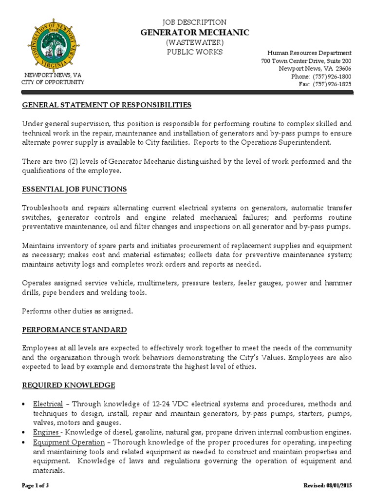 Generator Mechanic: General Statement of Responsibilities | PDF | Pump