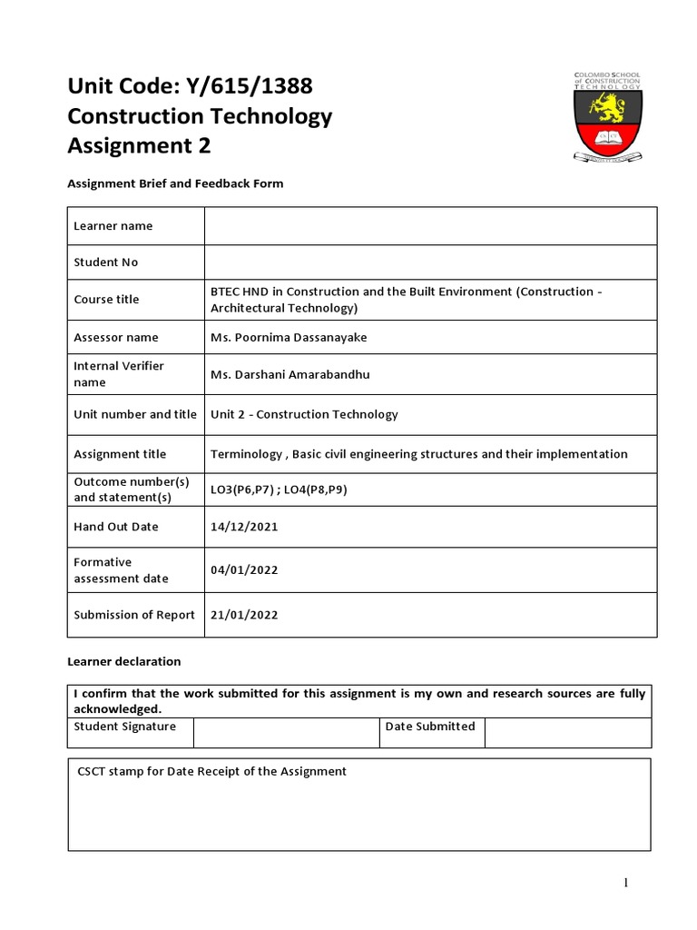 Unit Code: Y/615/1388 Construction Technology Assignment 2: Assignment ...