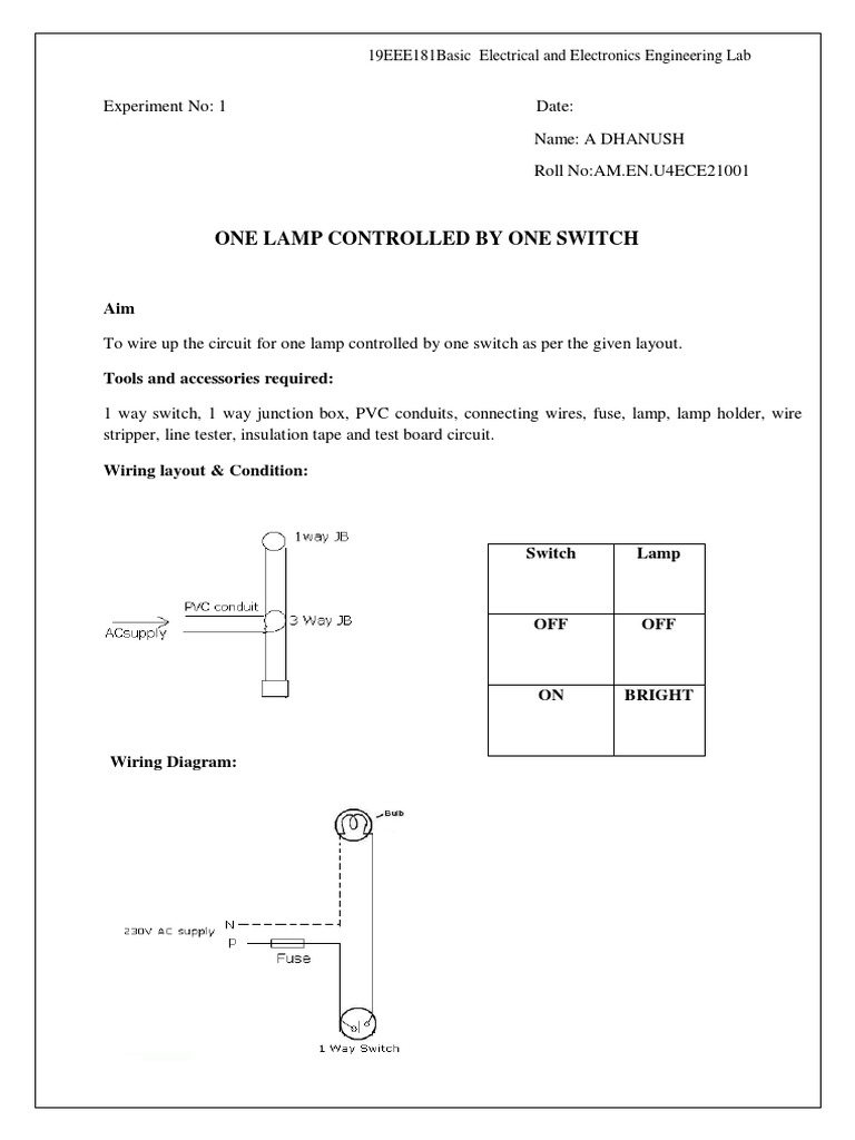 One Lamp Controlled by One Switch: 19EEE181Basic Electrical and Electronics Engineering Lab ...