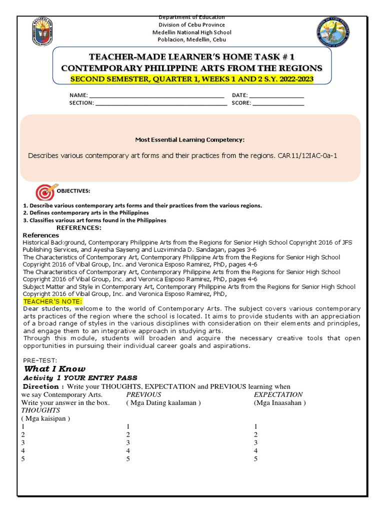 Teacher-Made Learner'S Home Task # 1 Contemporary Philippine Arts From The Regions | PDF ...