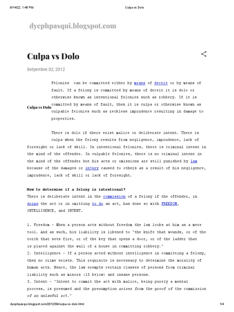 The Distinction Between Intentional Felonies (Dolo) and Culpable Felonies (Culpa) | PDF ...