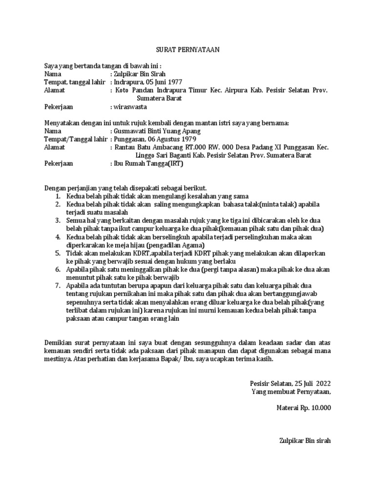 Contoh Surat Pernyataan Rujuk Kembali Dengan Perjanjian 1 | PDF