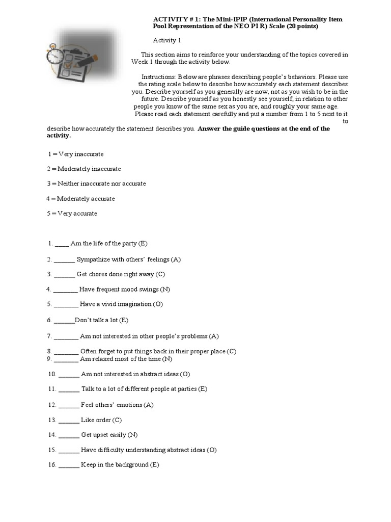 ACTIVITY # 1: The Mini-IPIP (International Personality Item Pool Representation of The NEO PI R ...