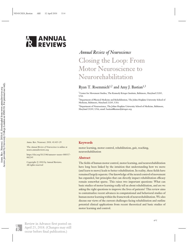 Closing The Loop: From Motor Neuroscience To Neurorehabilitation | PDF | Learning | Neuroscience