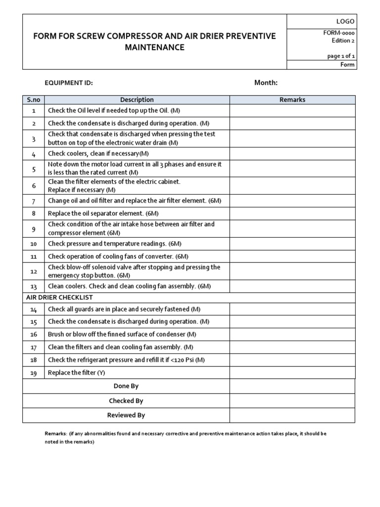 Form For Screw Compressor and Air Drier Preventive Maintenance | PDF ...