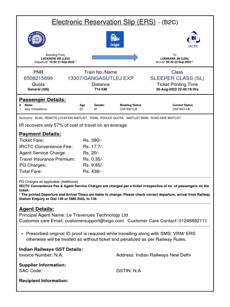 Electronic Reservation Slip (ERS) : 6508215699 13307/gangasutlej Exp ...
