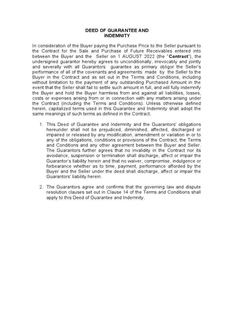 Deed of Guarantee and Indemnity - Template | PDF | Indemnity | Guarantee
