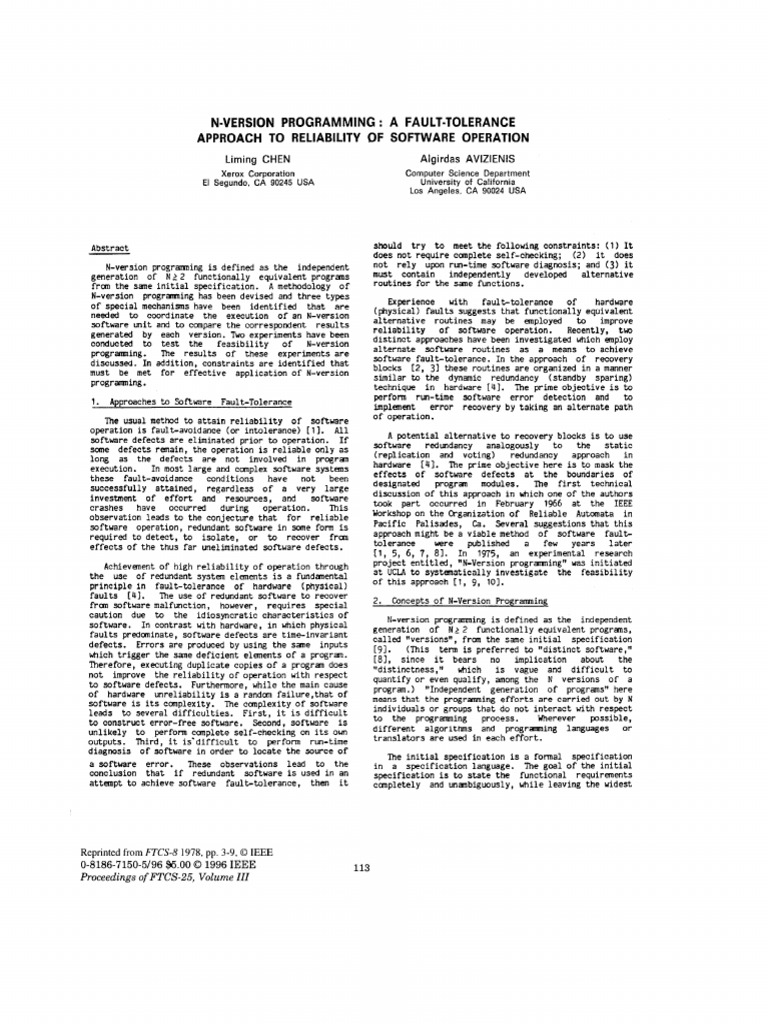N-Version Programming A Fault-Tolerance Approach To Reliability ...
