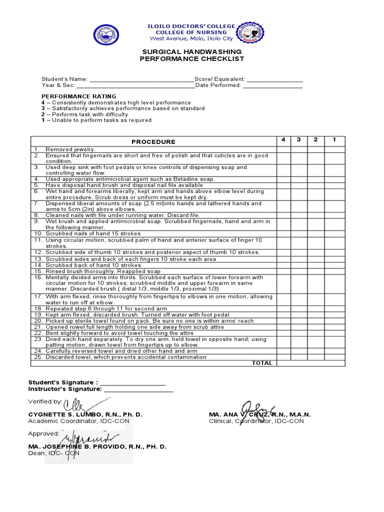 Surgical Handwashing Performance Checklist: Procedure 4 3 2 1 ...