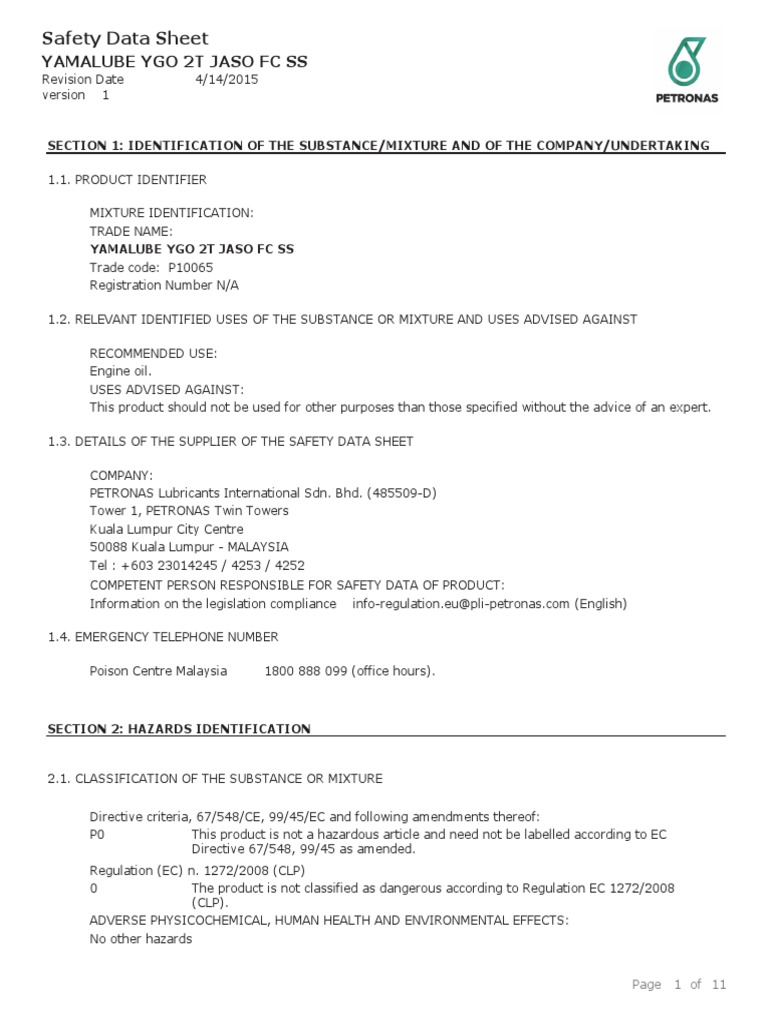 Safety Data Sheet: Yamalube Ygo 2T Jaso FC Ss | PDF | Dangerous Goods ...