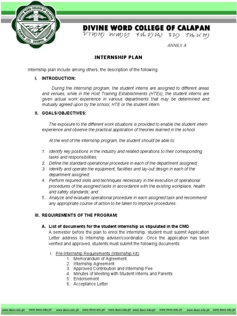 Internship Plan: During The Internship Program, The Student Interns Are Assigned To Different ...