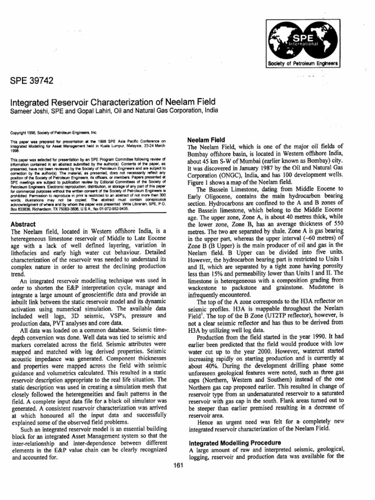 SPE 39742 - Integrated Reservoir Characterization of Neelam Field | PDF ...
