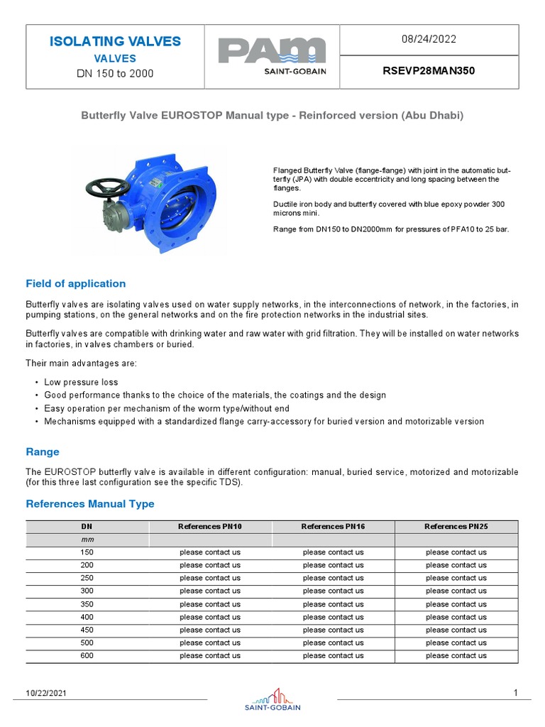 Isolating Valves: Butterfly Valve EUROSTOP Manual Type - Reinforced ...
