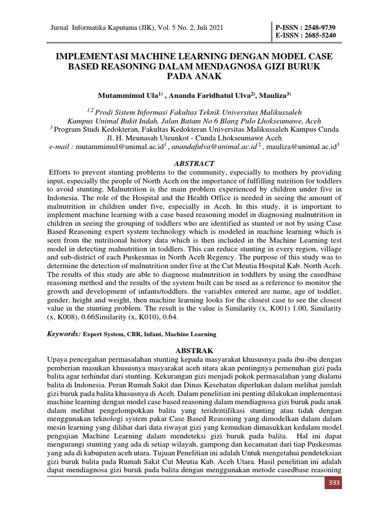 Implementasi Machine Learning Dengan Model Case Based Reasoning Dalam Mendagnosa Gizi Buruk Pada ...