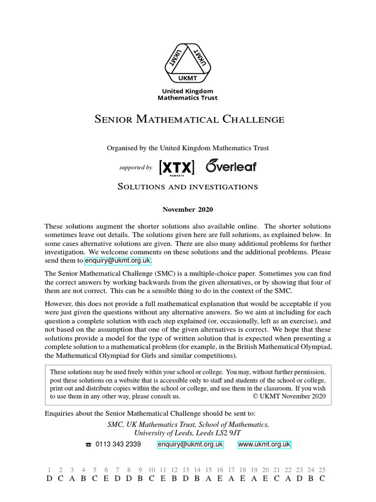 Senior Mathematical Challenge: Solutions and Investigations | PDF ...