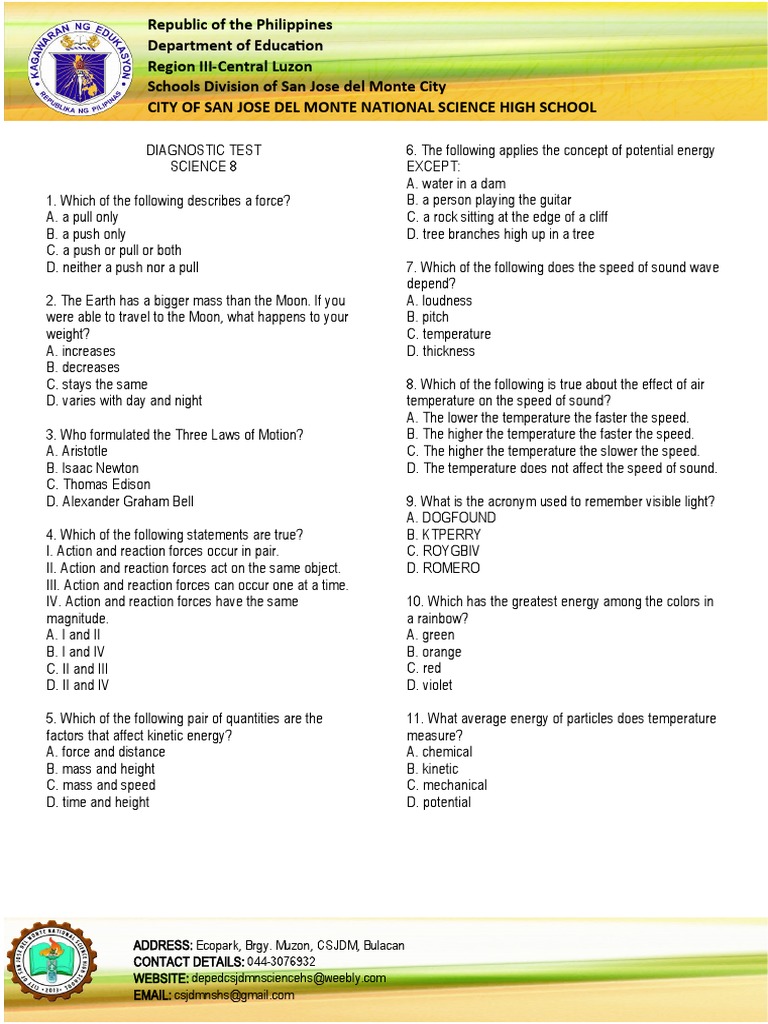 Grade 8-Diagnostic Test | PDF | Atoms | Earthquakes Grade 8-Diagnostic Test | PDF | Atoms | Earthquakes