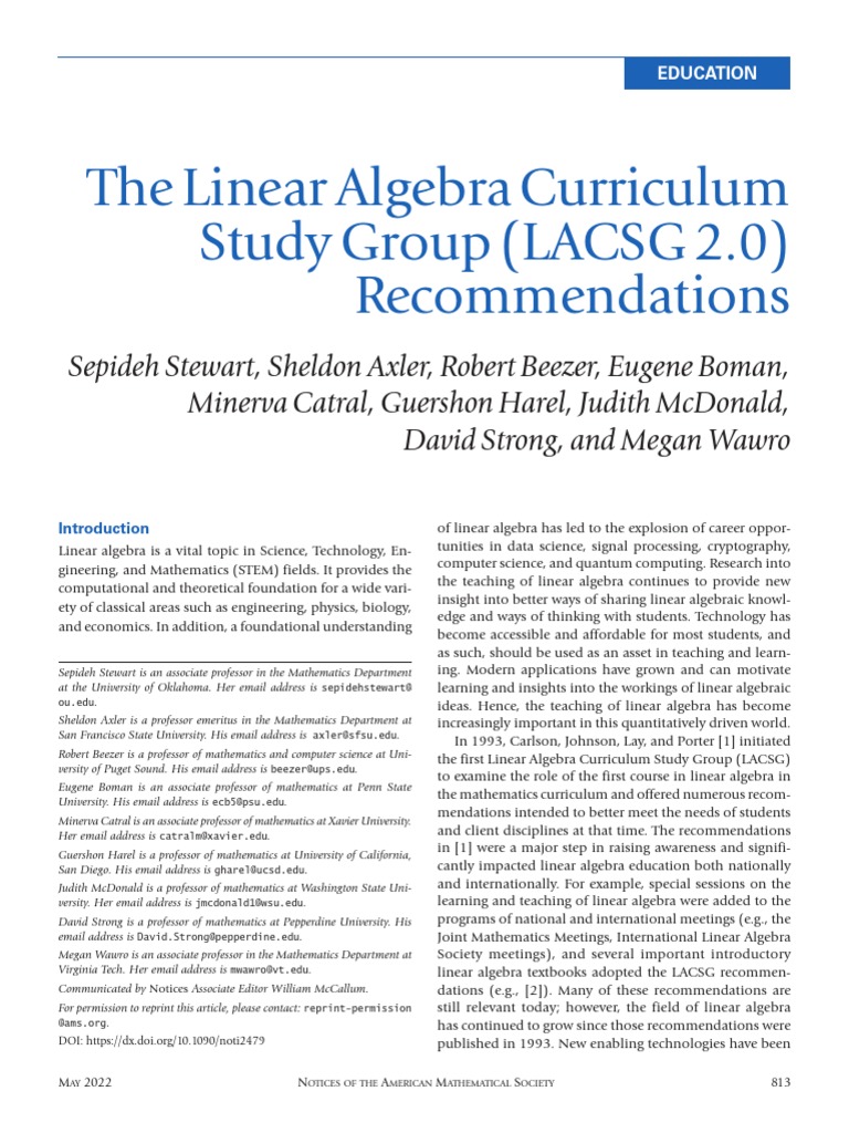 The Linear Algebra Curriculum Study Group (LACSG 2.0) Recommendations ...